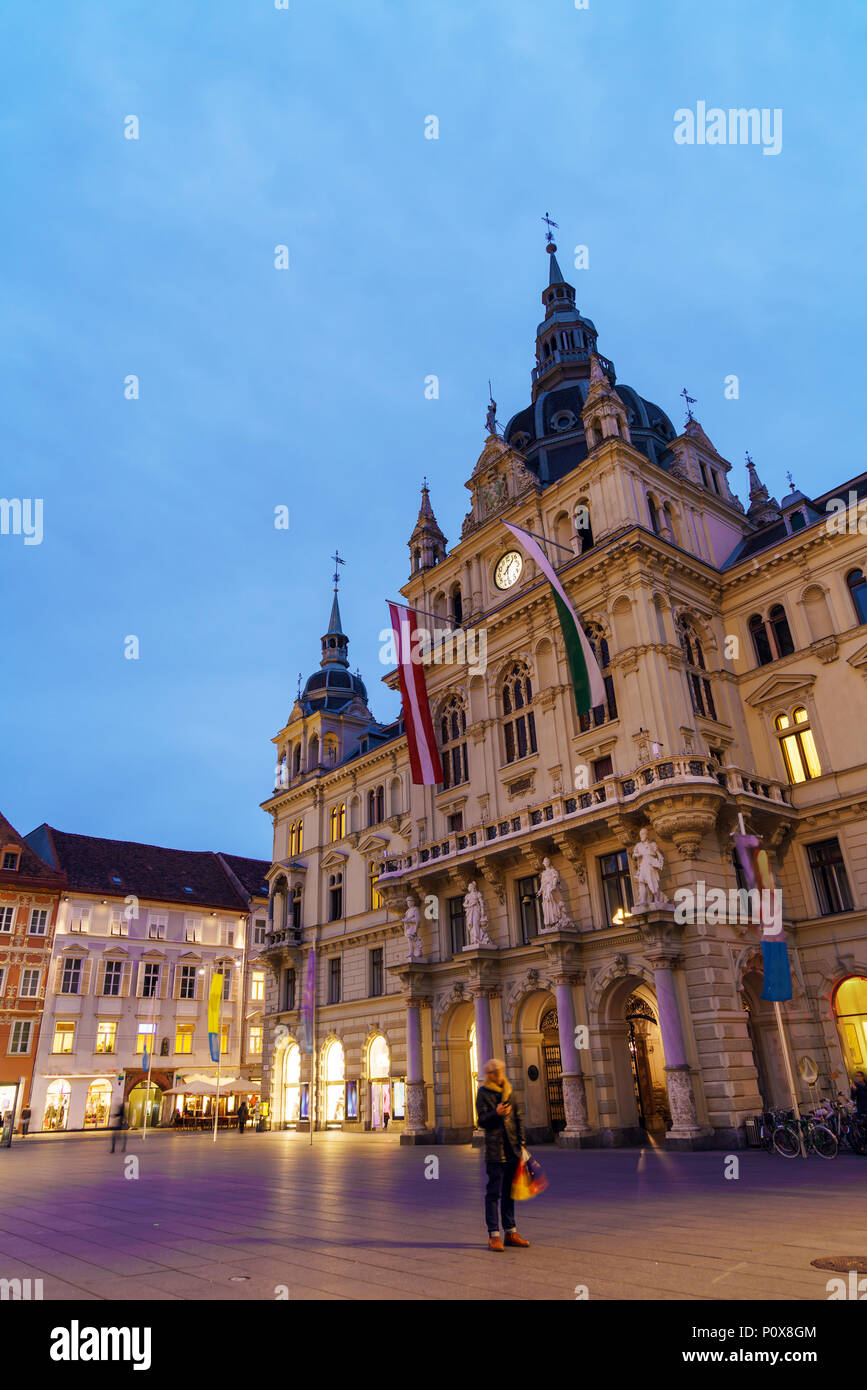 Rathaus or Town Hall (19 c.) at Hauptplatz at night, Graz, Austria ...