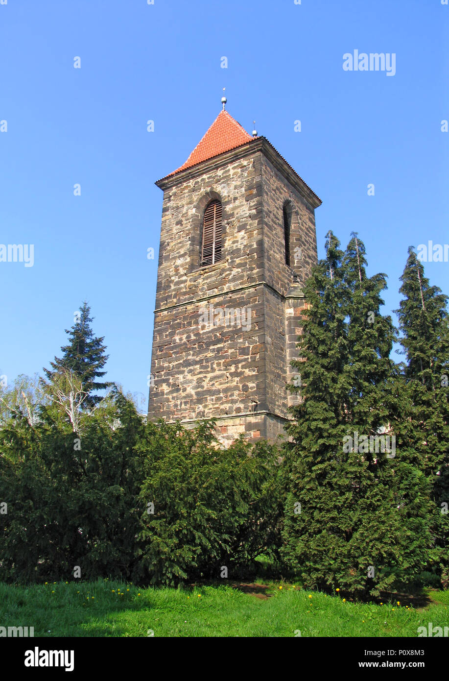 Bell tower at St. Gothard church in Cesky Brod, Central Bohemia, Czech ...
