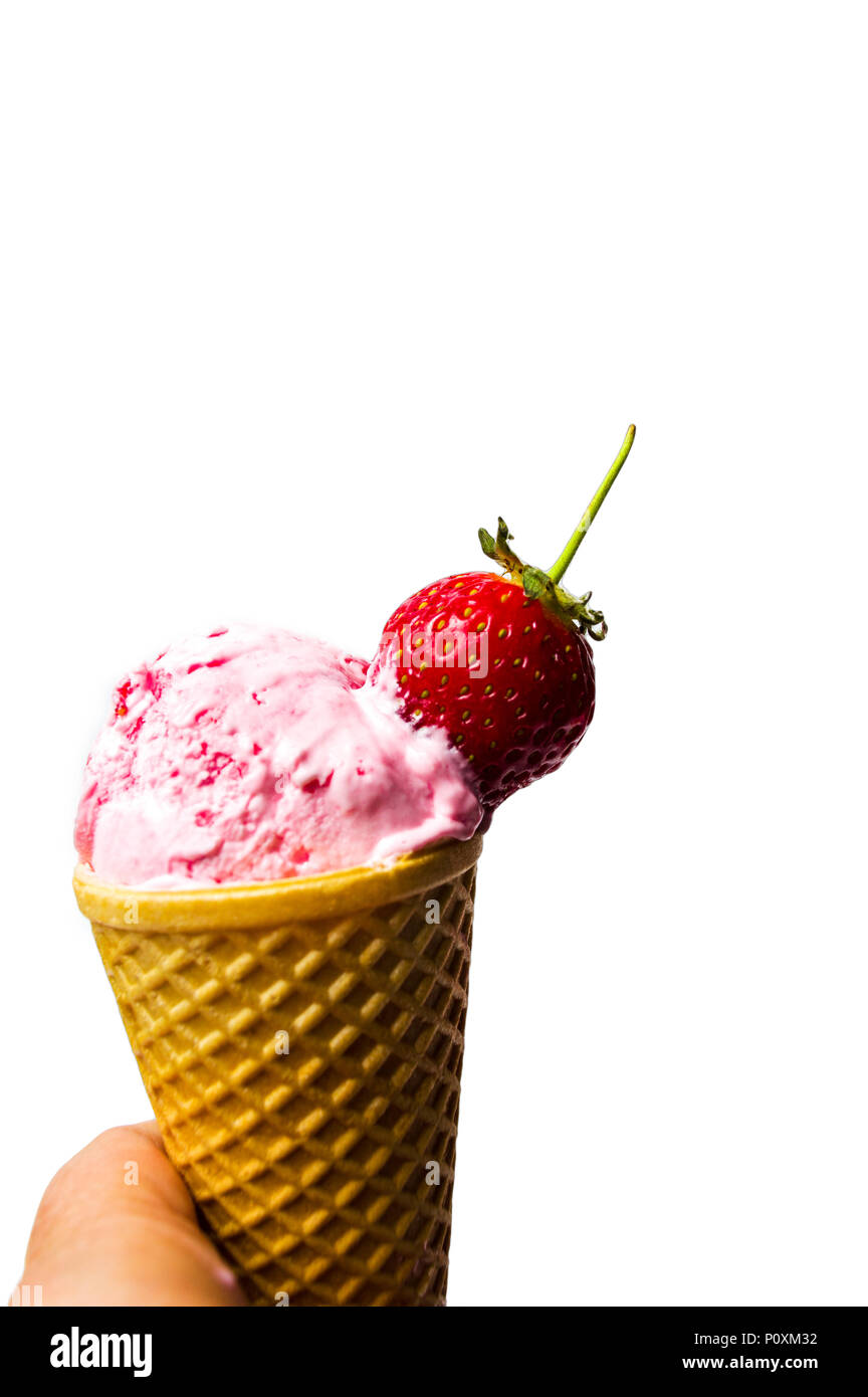 Strawberry ice cream in a cone isolated on white Stock Photo - Alamy