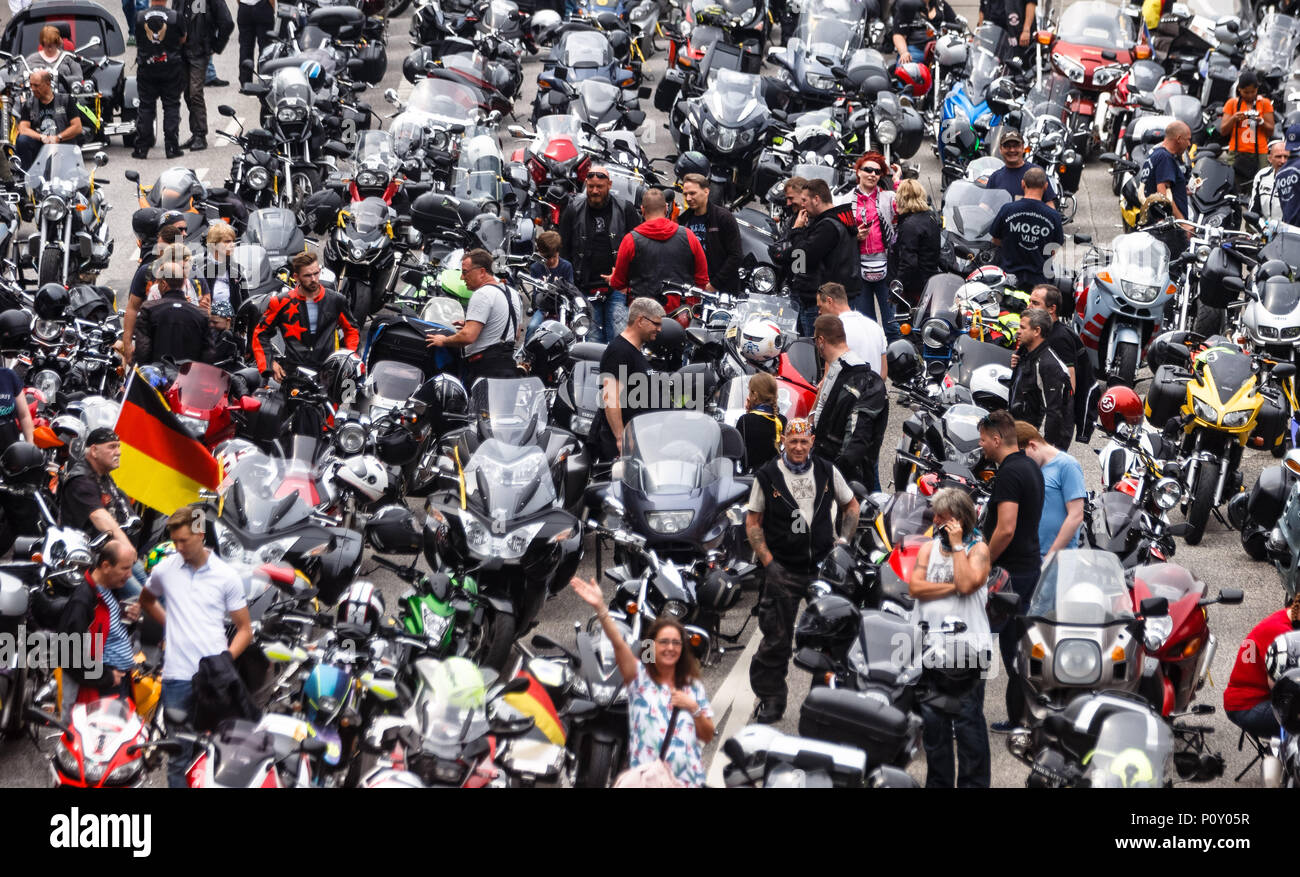 10 June 2018, Hamburg, Germany: Bikers park before the start of the ...