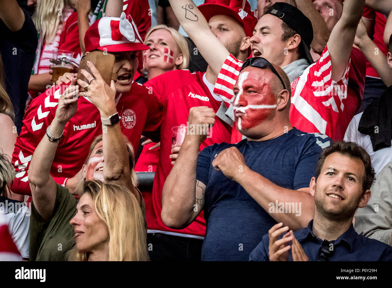 Denmark, Brøndby - June 09, 2018. Danish football fans are cheering for ...