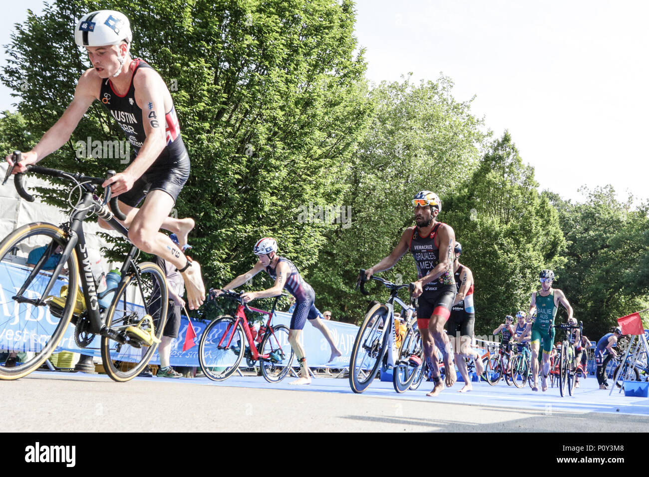 Leeds, UK. 10th June 2018. Marc Austin of Great Britain exits T1 in the ...