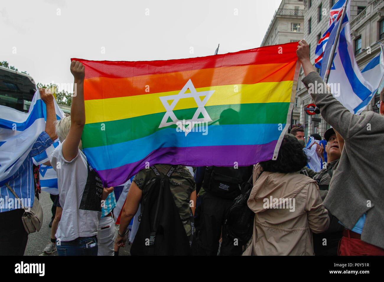 London, UK. 10th June 2018. Israeli Pride flag at the Al-Quds March ...