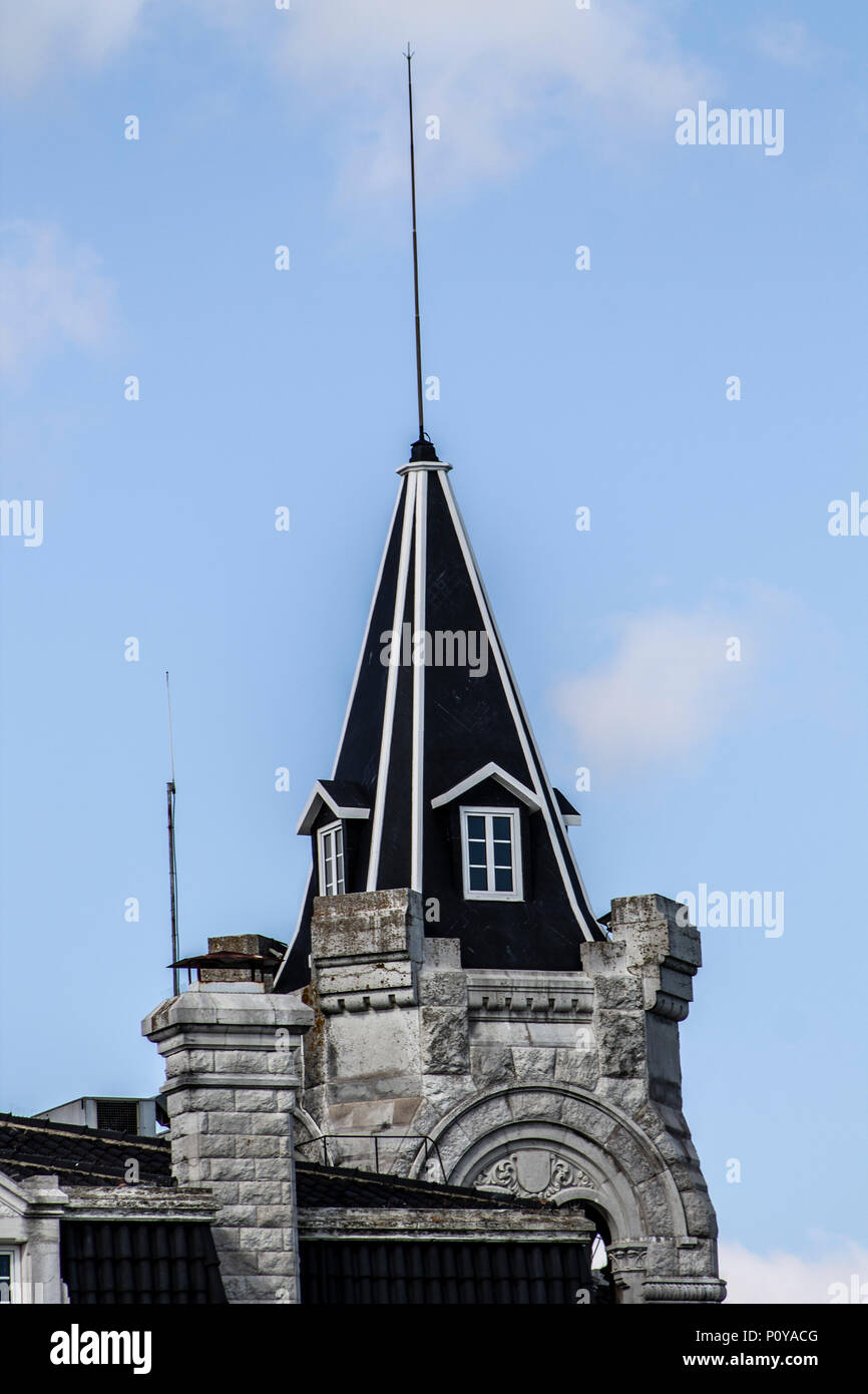Detail spiers roof medieval castle with blue windows white dome Stock ...