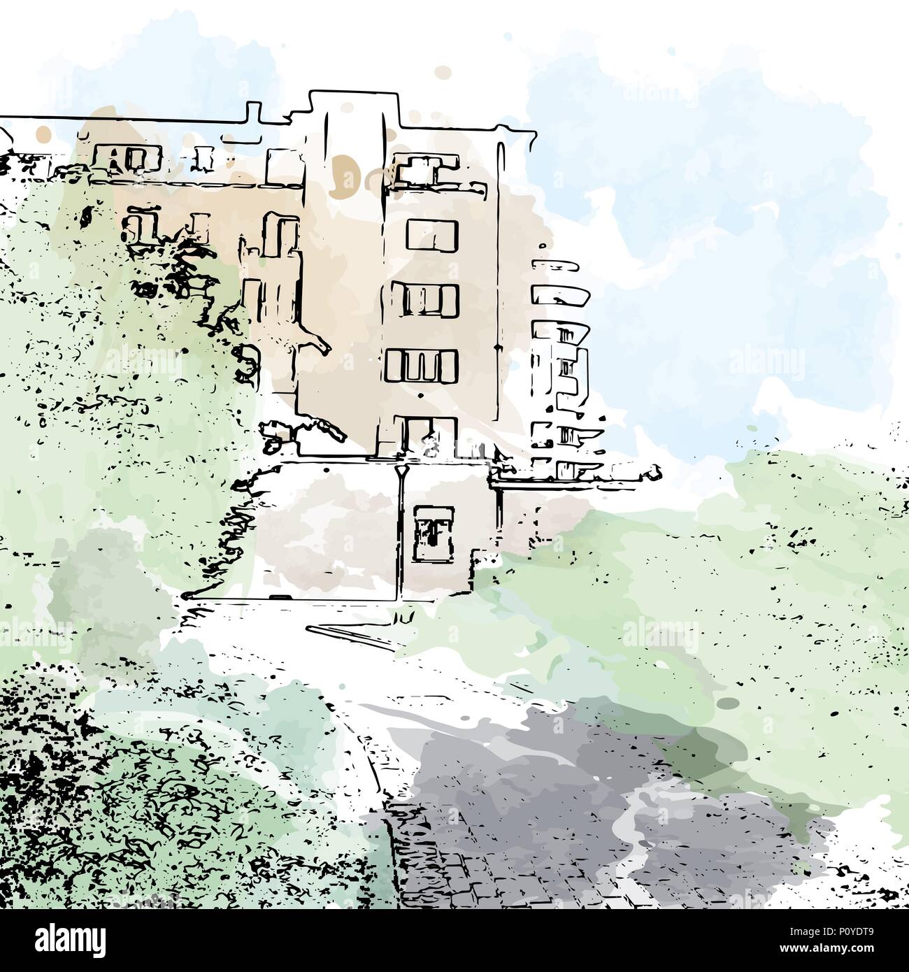 sketch illustration of a multi-storey house painted with watercolor ...