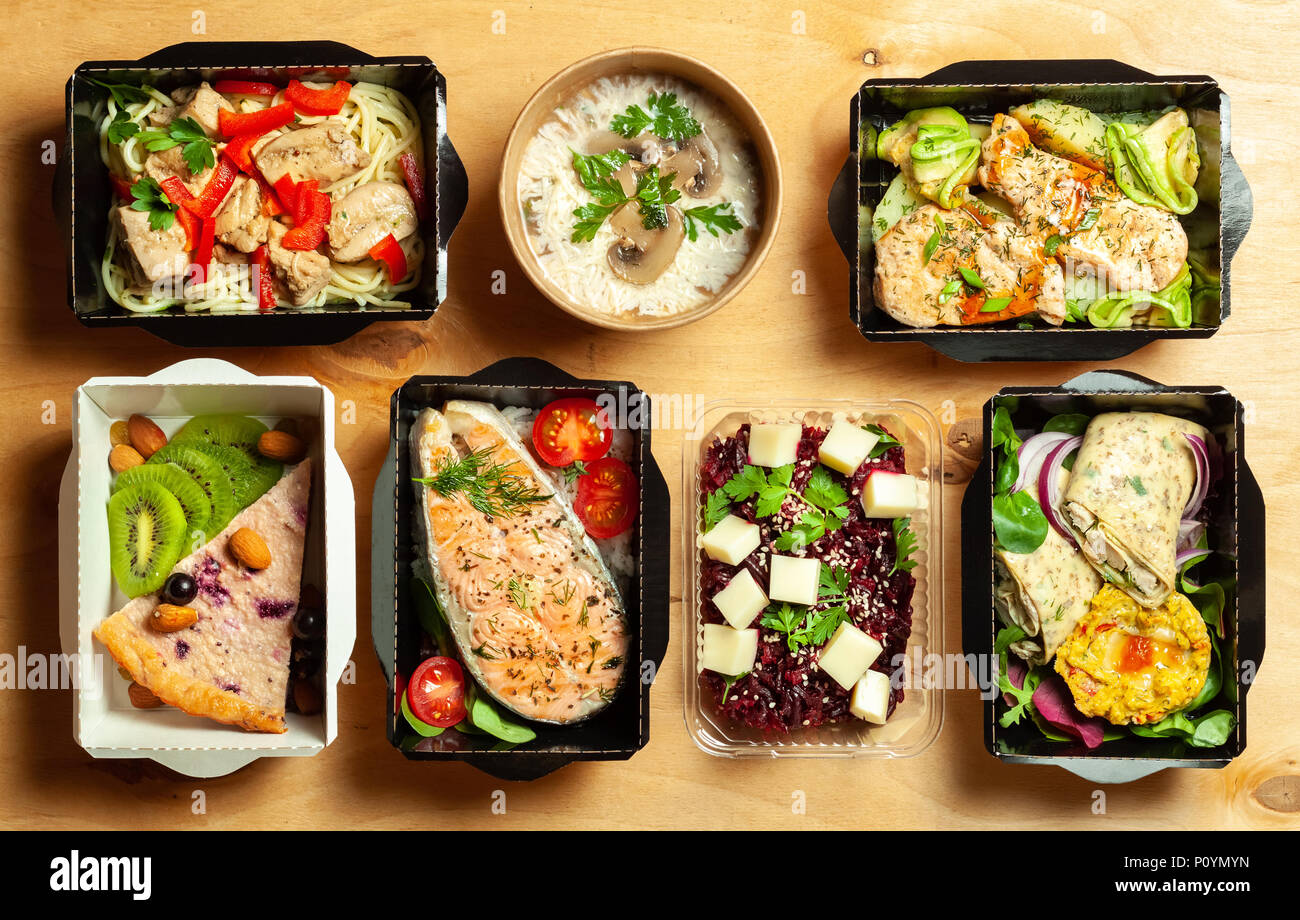 A full daily diet of healthy eating. Food in cardboard boxes. Flat Lay ...