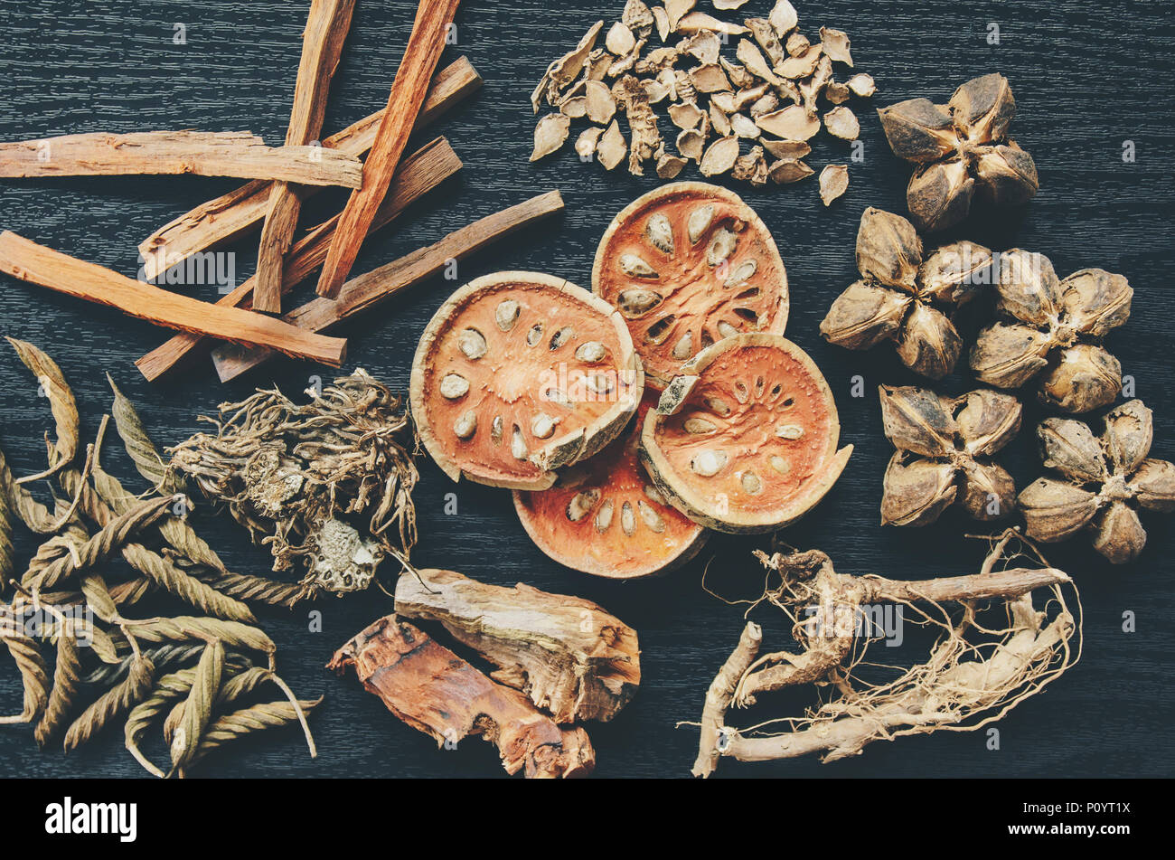 Dried herbs and Ginseng, Close-up of Thai herbs and ginseng on wooden ...
