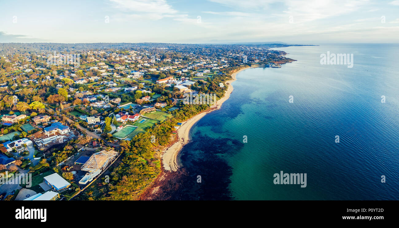Bird's eye view of Mornington Peninsula coastal suburbs and Port ...