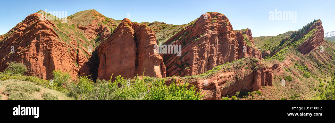 Red Rock Cliffs in Jety Oguz Gorge Panorama, Karakol, Kyrgyzstan Stock ...