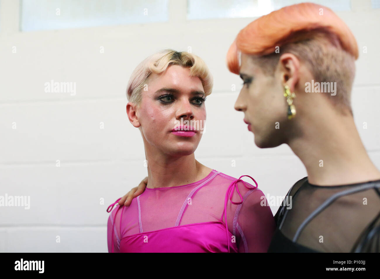 Models backstage at the Art School show during London Fashion Week Men's SS19 show held at the ...