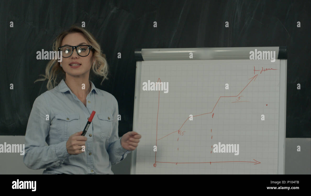 Attractive young woman in glasses drawing a graph on a flip chart Stock ...