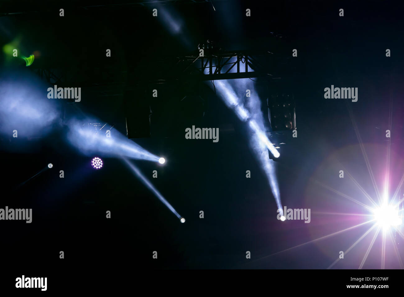 concert stage view, lights of projector equipment over dark stage Stock ...