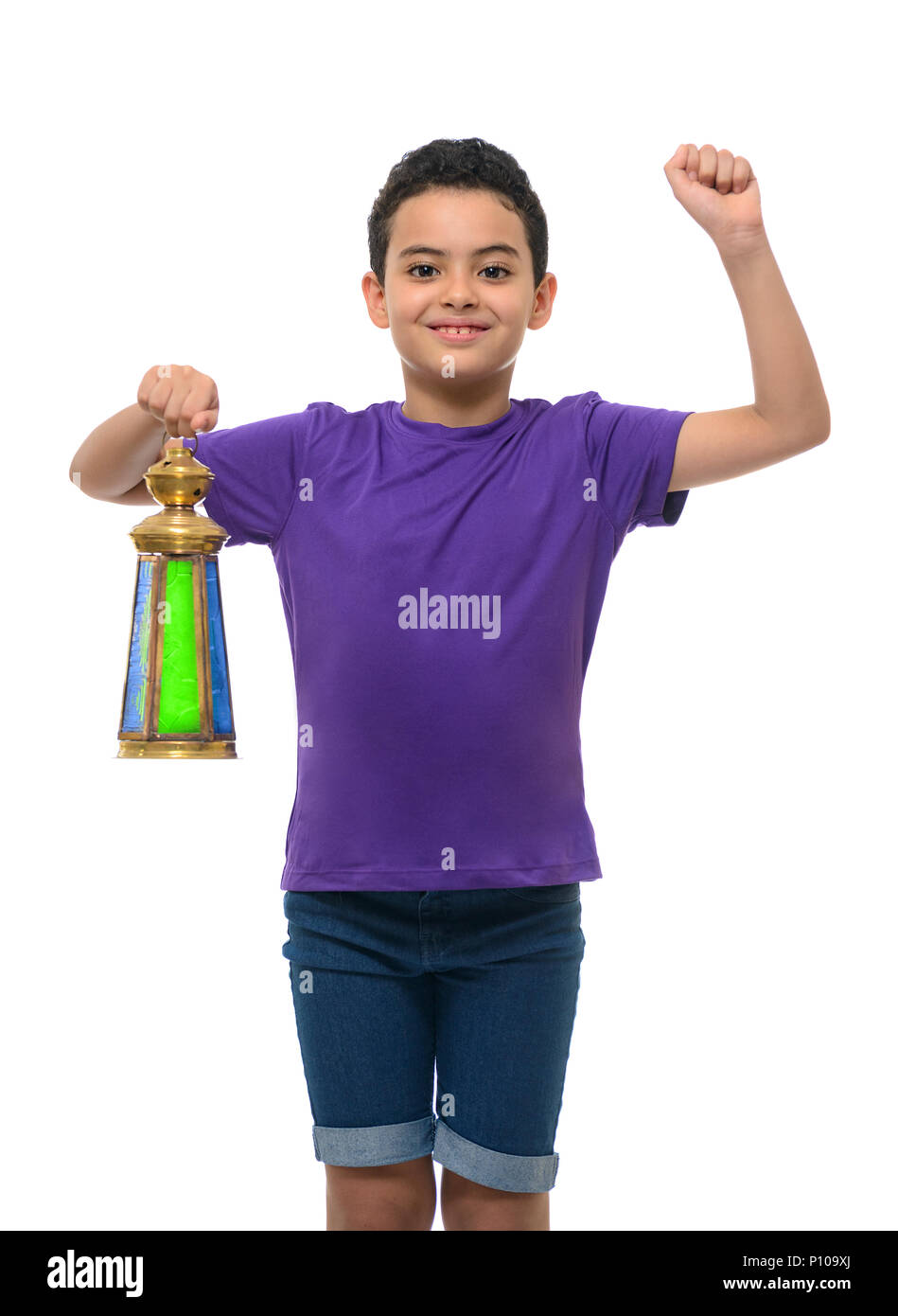 Happy Boy Celebrating Ramadan With Lantern Isolated on White Stock ...