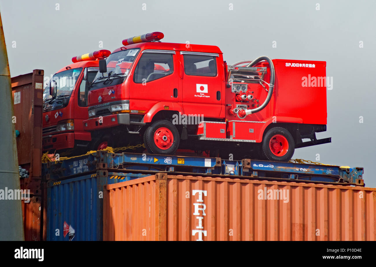 Donated Fire Engines Arrive on top of Container Ship in Rarotonga Stock ...