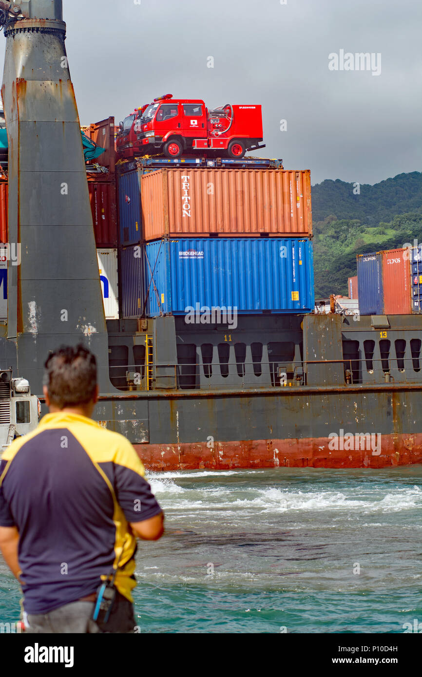 Donated Fire Engines Arrive on top of Container Ship in Rarotonga Stock ...