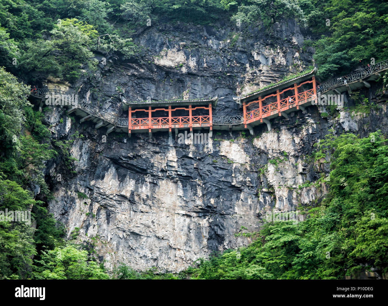 Red Hanging balcony on the cliff hanging walkway at Tianmen Mountain ...
