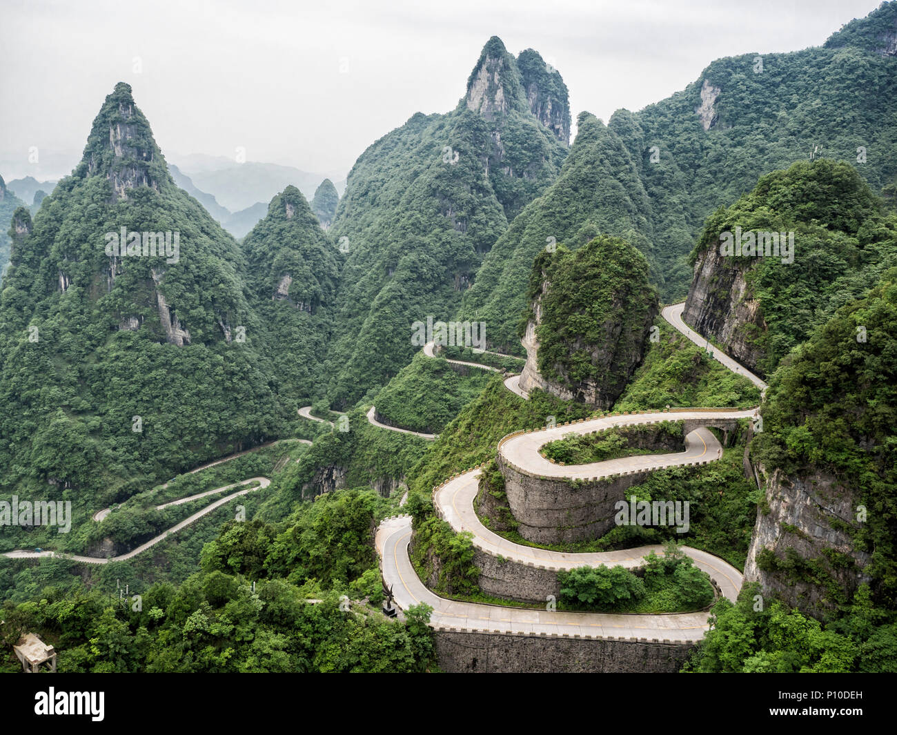 A view of the dangerous 99 curves at the Tongtian Road to Tianmen ...