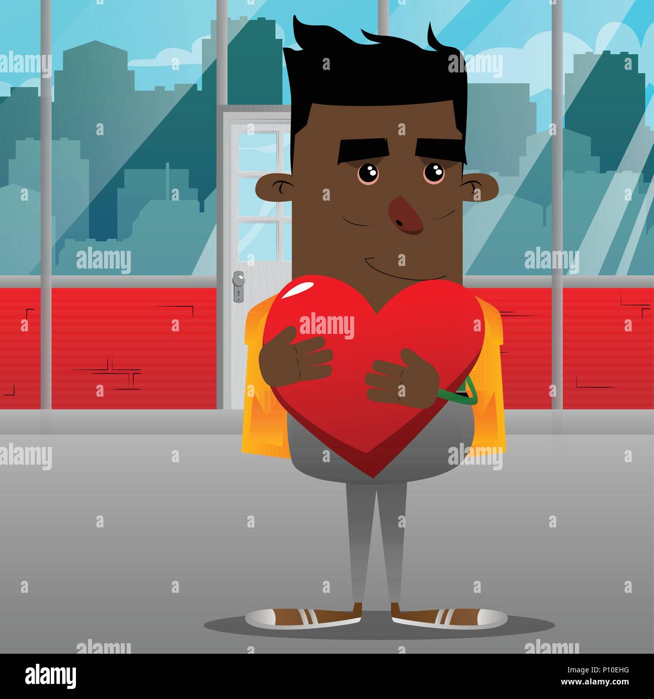 Schoolboy hugging big red heart. Vector cartoon character illustration ...