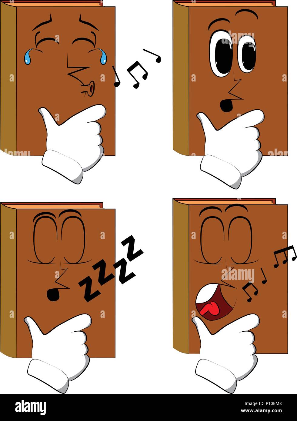 Books thinking. Cartoon book collection with various faces. Expressions ...