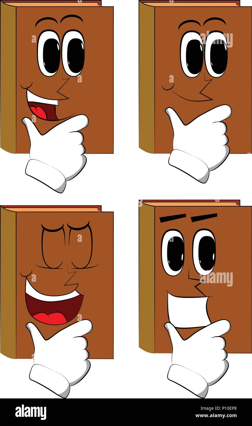 Books thinking. Cartoon book collection with happy faces. Expressions ...