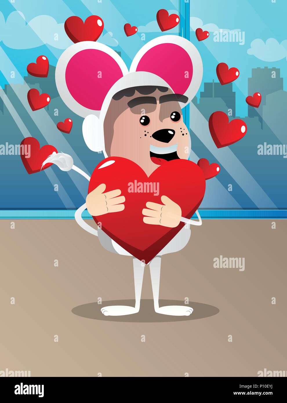Boy dressed as mouse hugging big red heart. Vector cartoon character ...