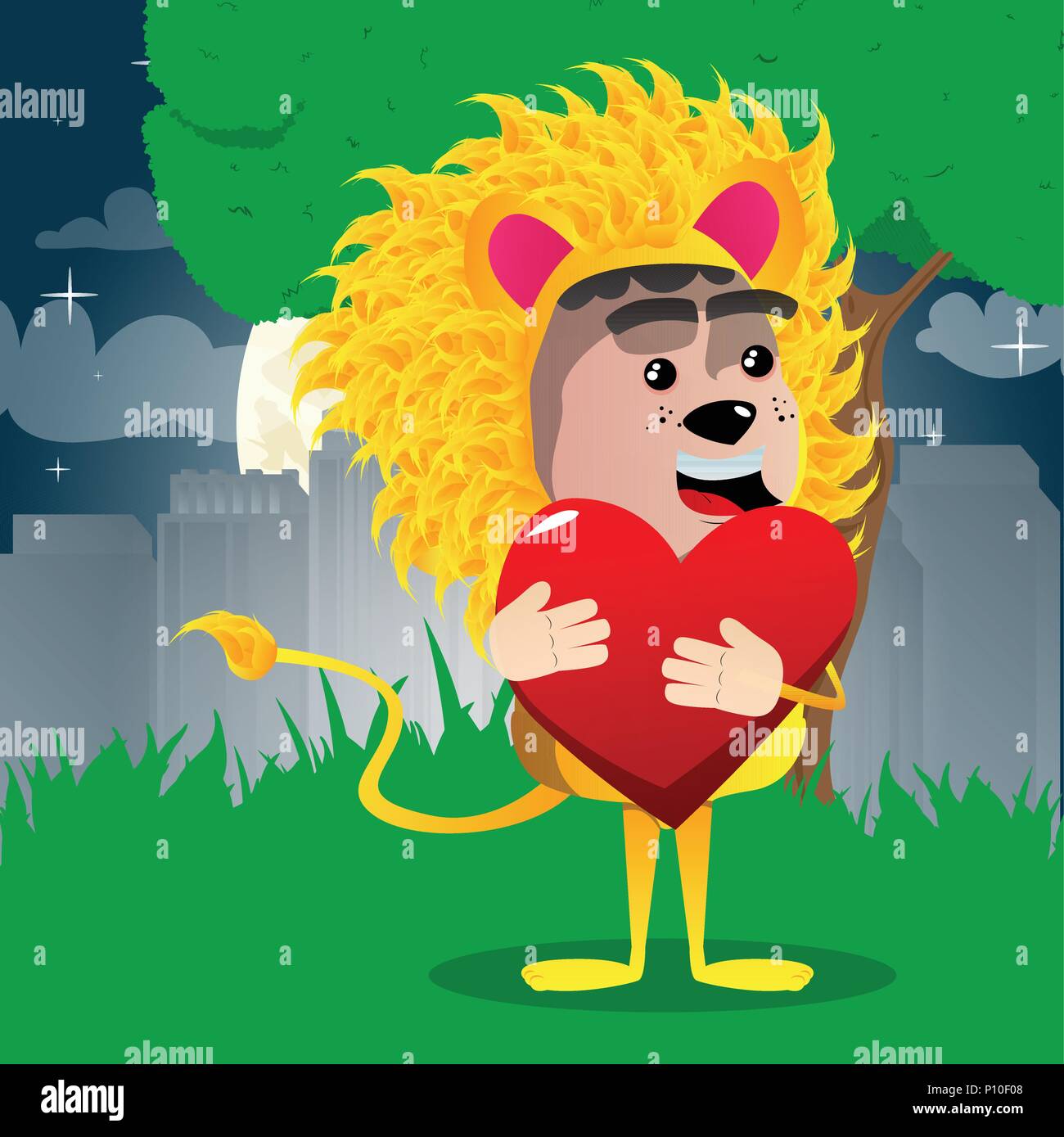 Boy dressed as lion hugging big red heart. Vector cartoon character ...