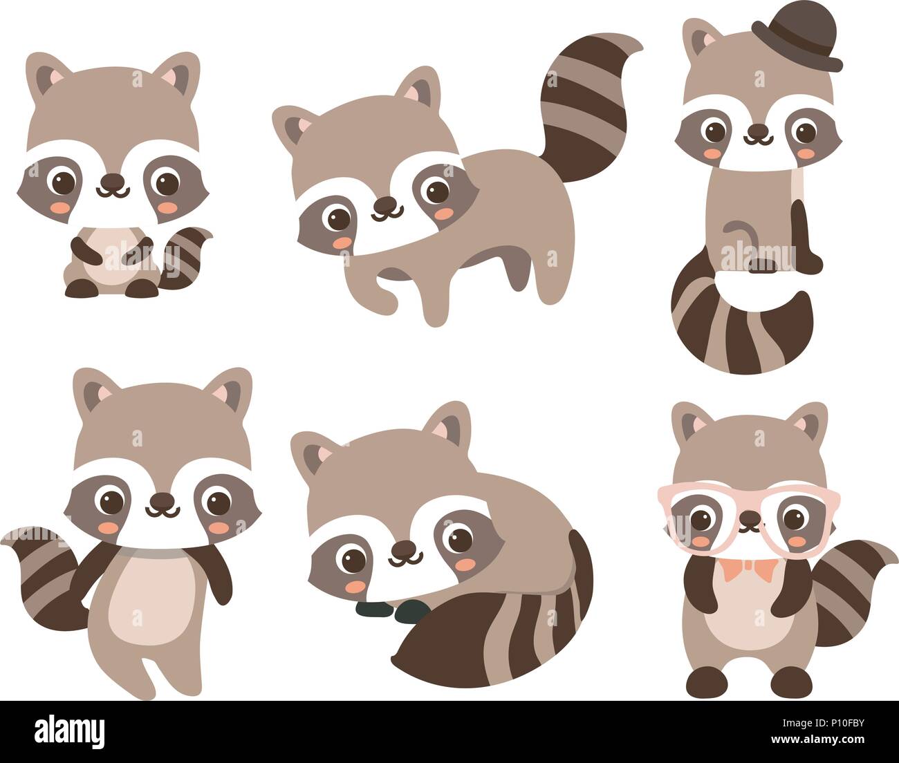 Collection isolated funny raccoon. Emotion little raccoon. Vector set ...