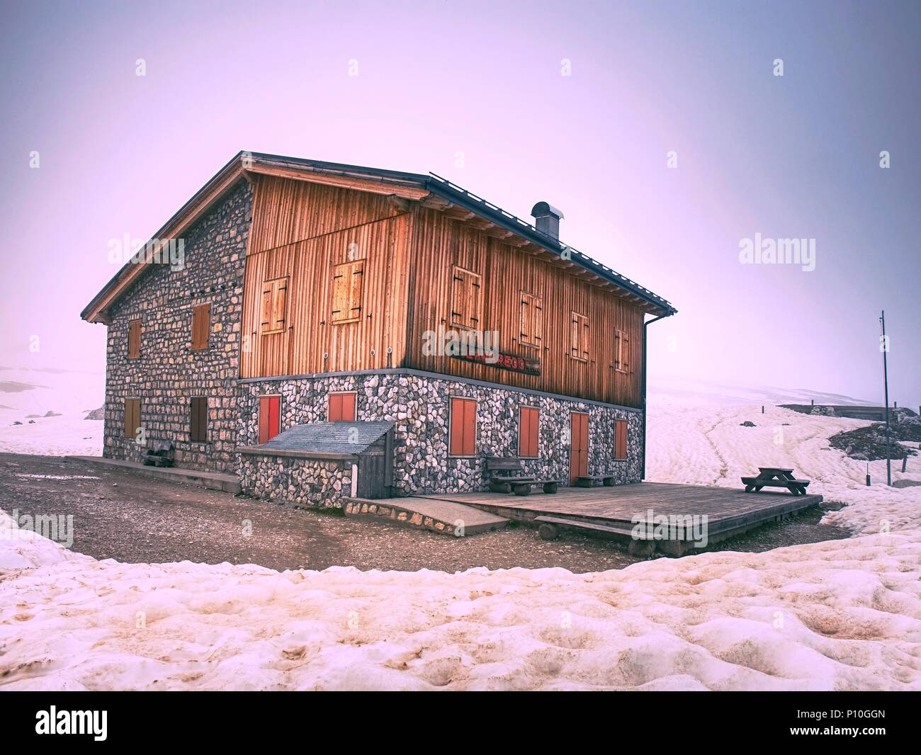 Dolomites and Alpine hut Refugio Lavaredo, Italy. It is natural and ...