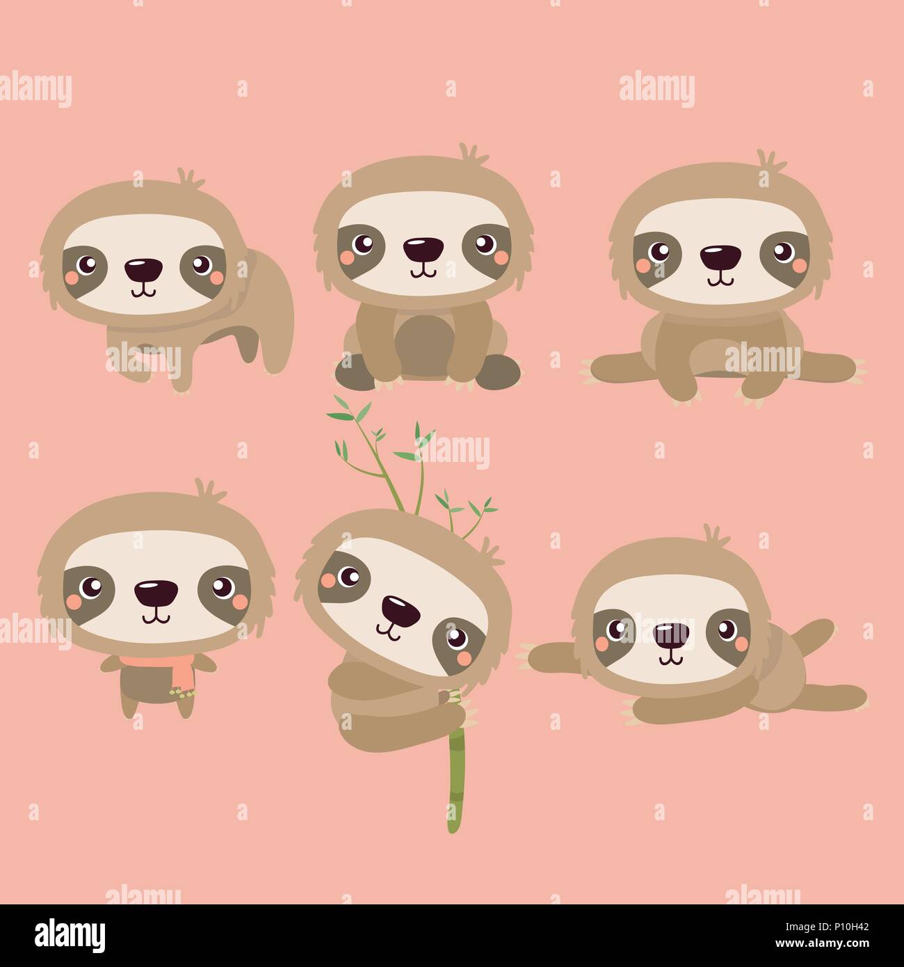 Cute cartoon smiling lazy sloth animal characters in different ...