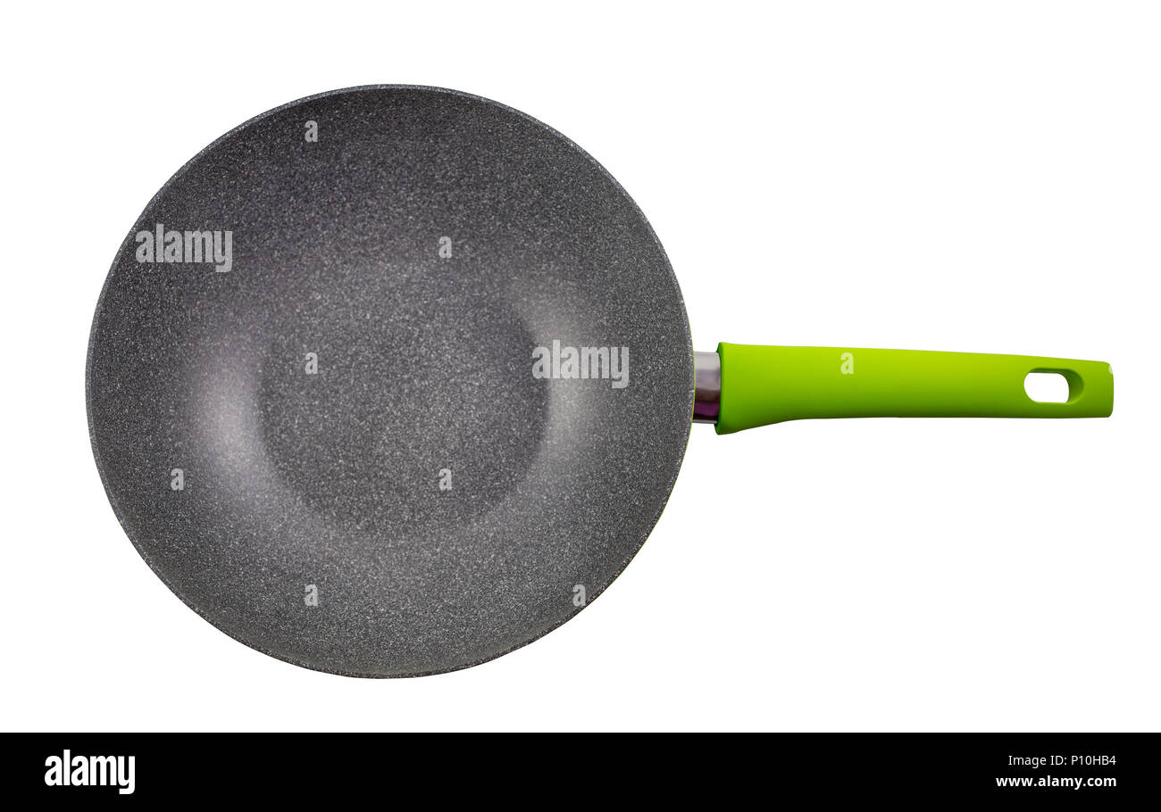 Top view, empty new frying pan, Ceramic frying pan with green handle ...
