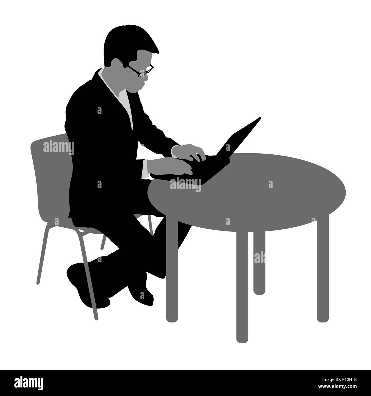 Black silhouette man sitting behind computer, on a white background ...