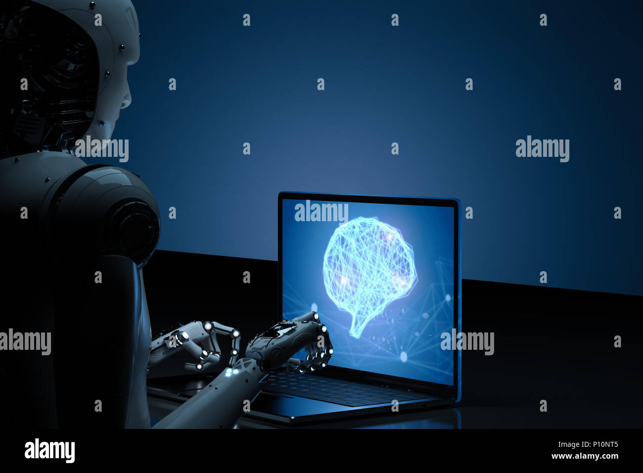 3d rendering robot working on computer notebook with ai brain Stock ...