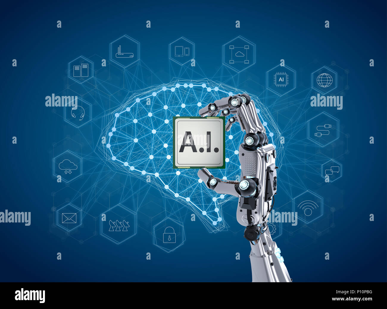 3d rendering cyborg hand holding ai cpu chip with technology icons ...