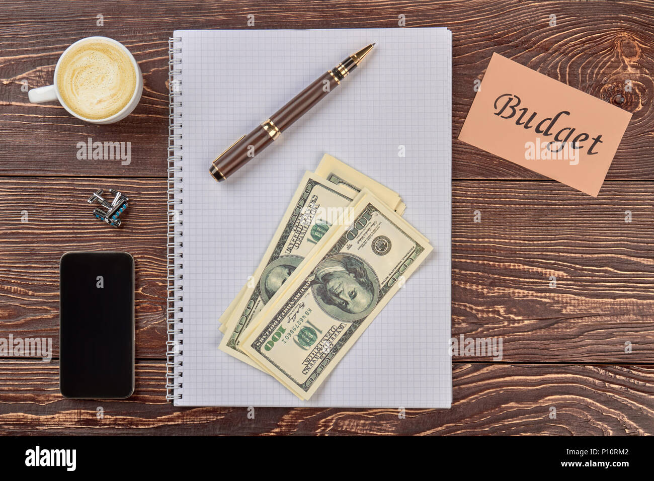 Accounting and planning concept, flat lay. Top view. Wooden desk ...