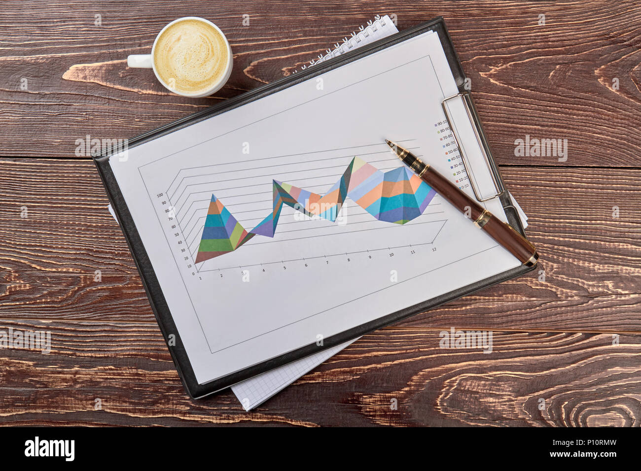 Stuff for accounting and cup of coffee top view. Flat lay. Wooden desk ...