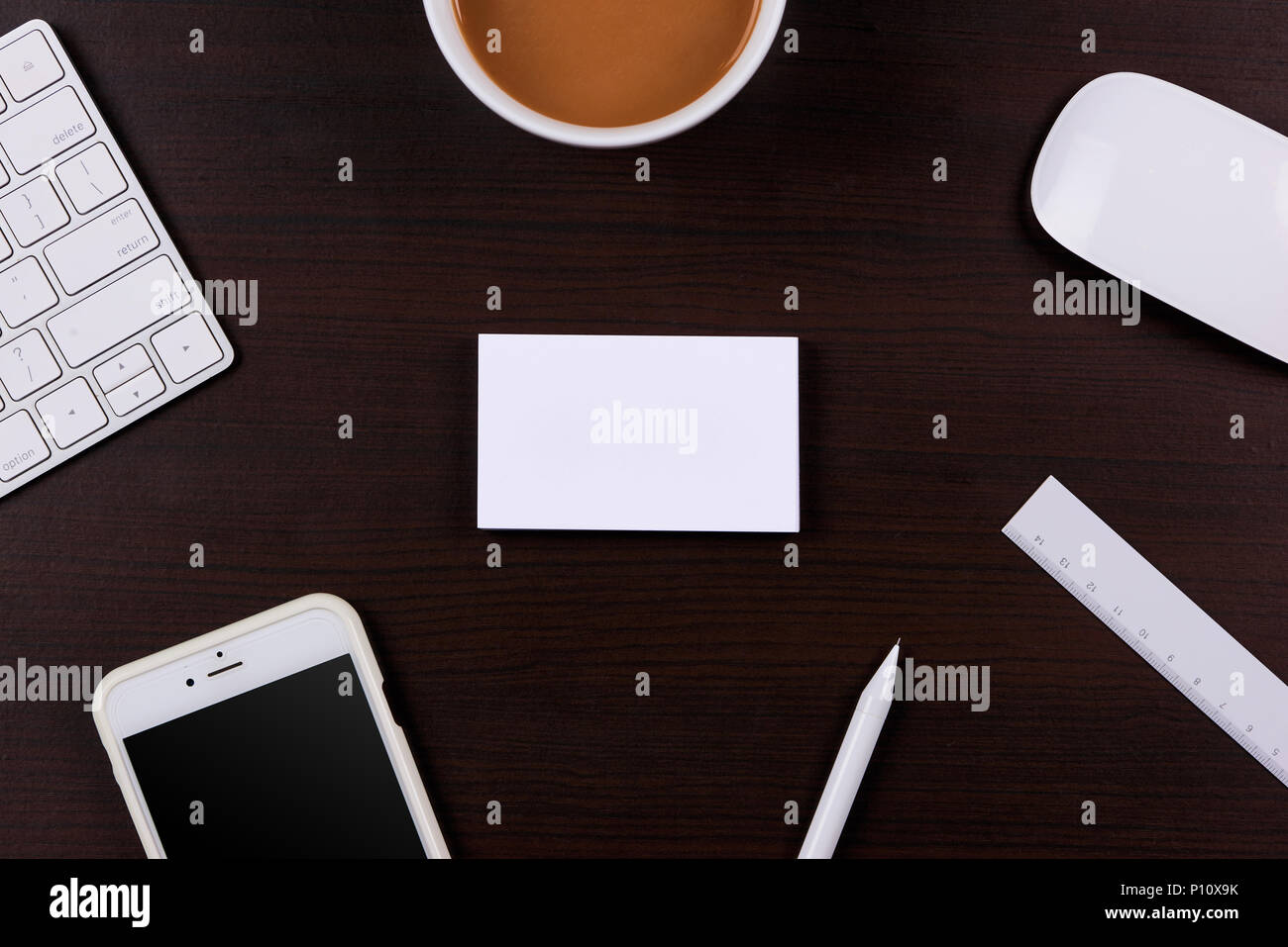 Working place, wooden table. Top view office corporate design mockup ...