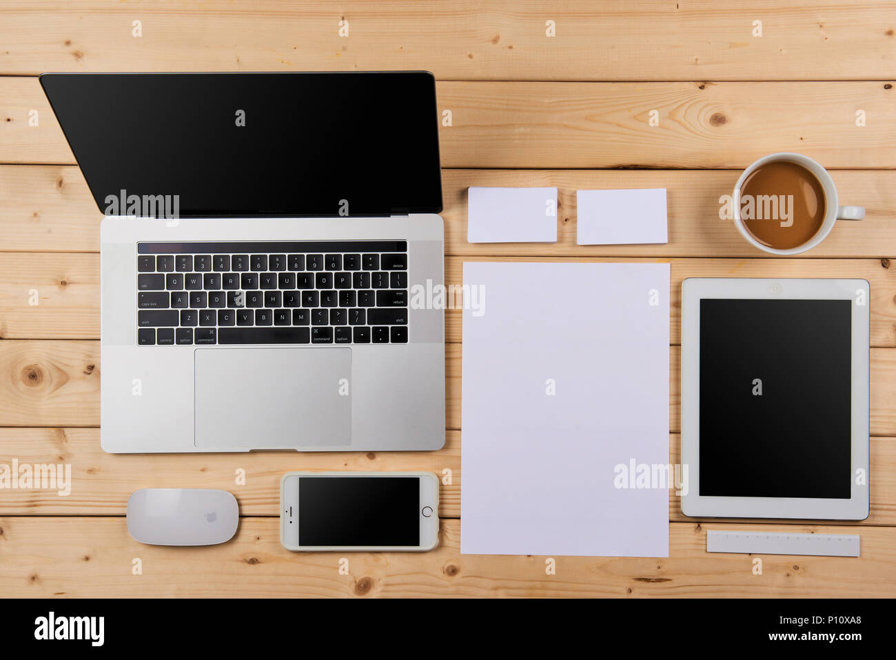 Working place, wooden table. Top view office corporate design mockup ...