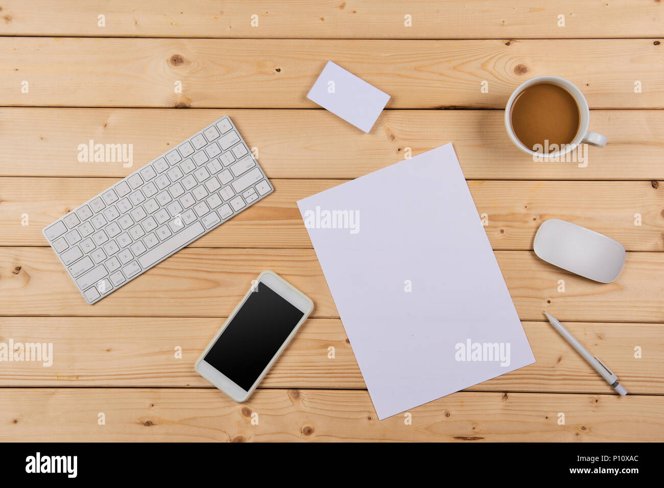 Working place, wooden table. Top view office corporate design mockup ...