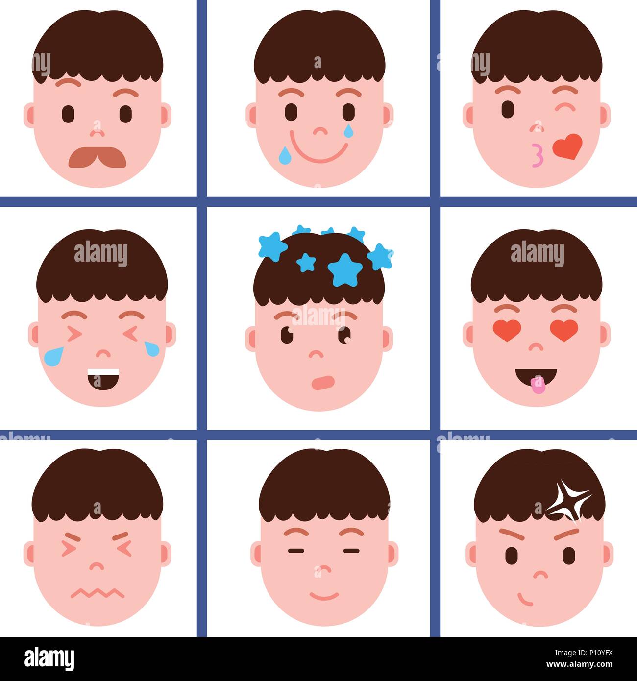 set boy head emoji personage icon with facial emotions, avatar ...
