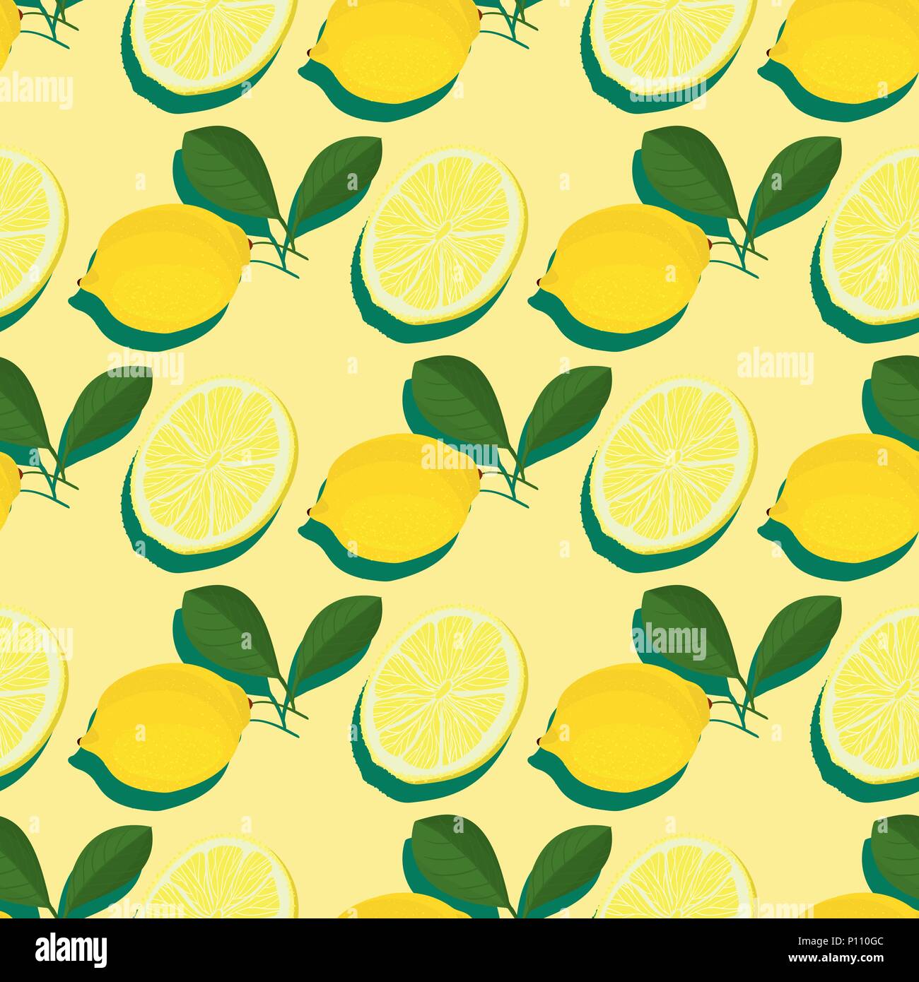Trendy minimal summer seamless pattern with whole, sliced fresh fruit lemon on color background ...