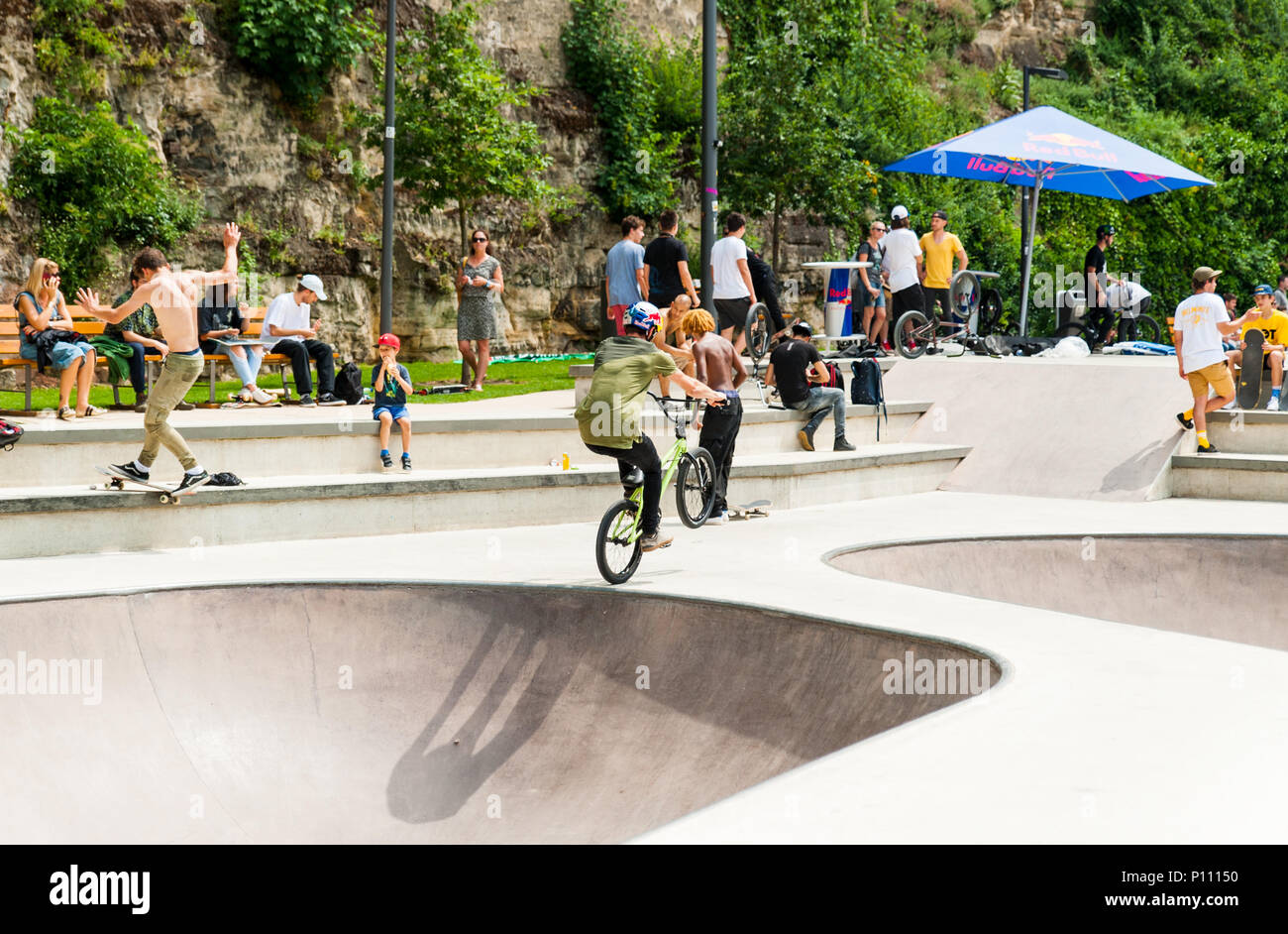 Bicycle acrobatics during RedBull 3in1 BMX competition, Luxembourg City ...