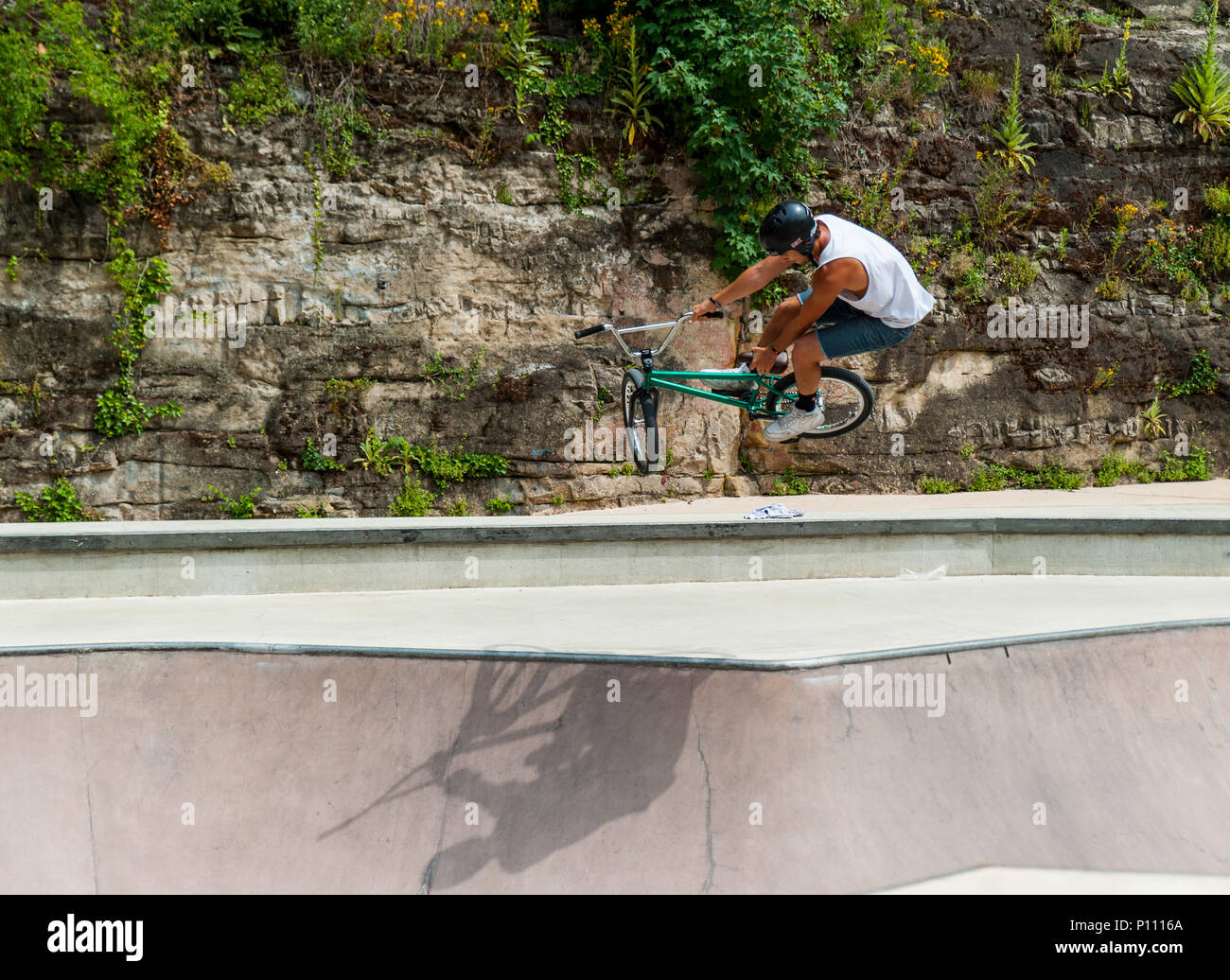 Bicycle acrobatics during RedBull 3in1 BMX competition, Luxembourg City ...