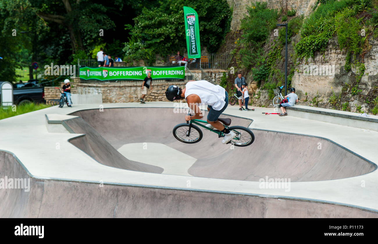Bicycle acrobatics during RedBull 3in1 BMX competition, Luxembourg City ...