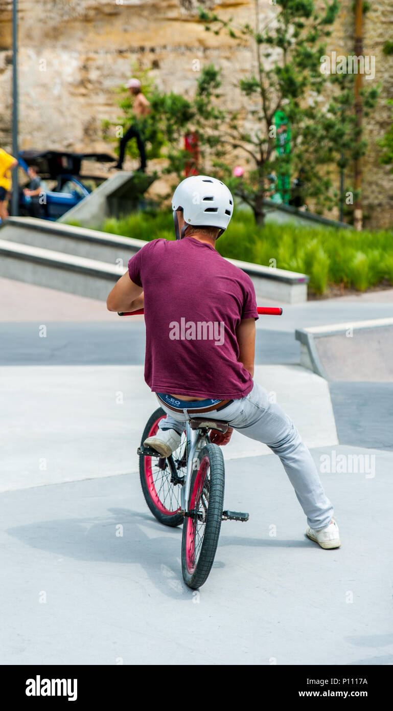Bicycle acrobatics during RedBull 3in1 BMX competition, Luxembourg City ...