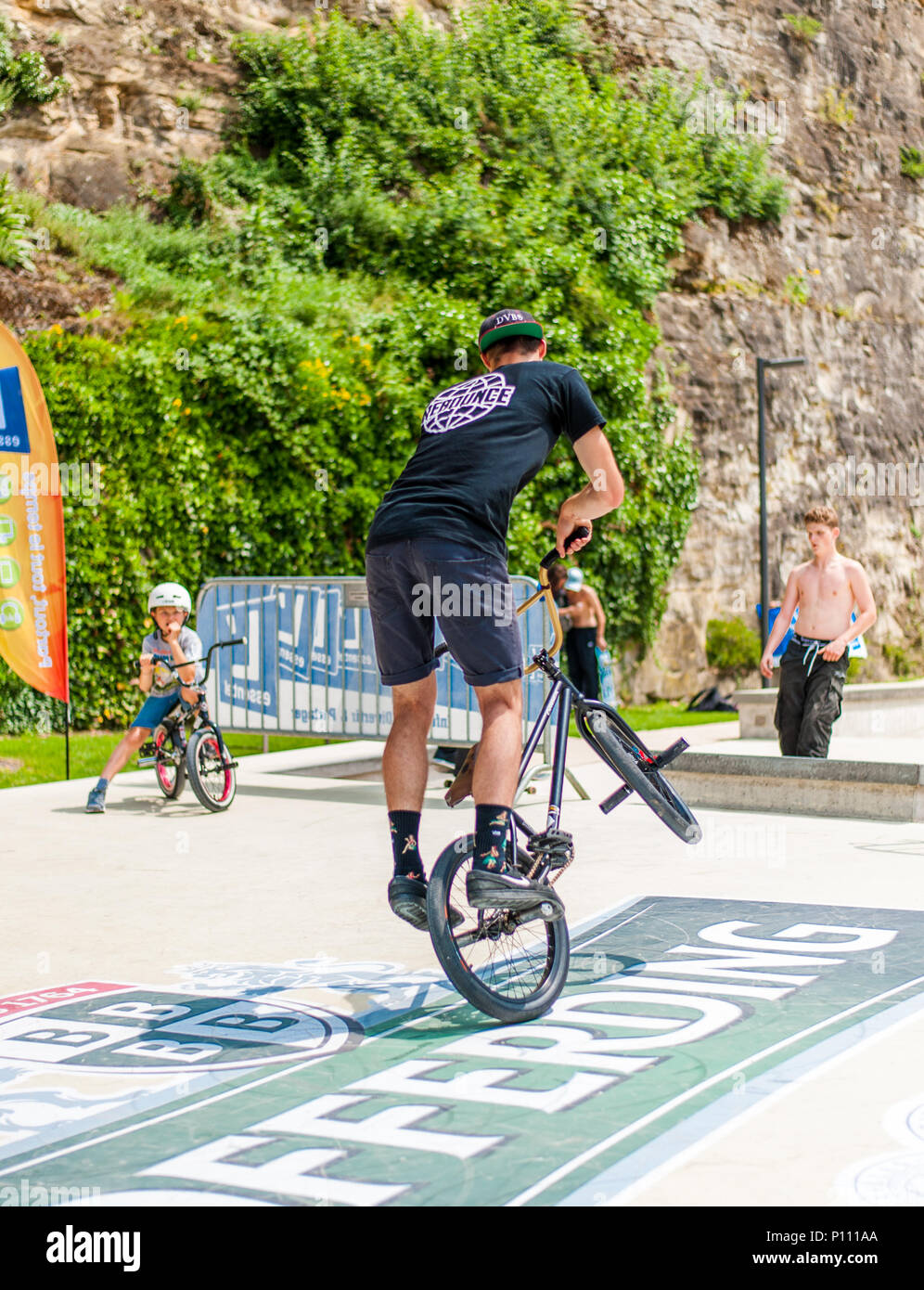 Bicycle acrobatics during RedBull 3in1 BMX competition, Luxembourg City ...
