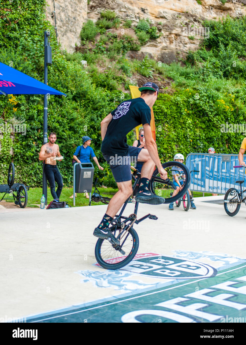 Bicycle acrobatics during RedBull 3in1 BMX competition, Luxembourg City ...