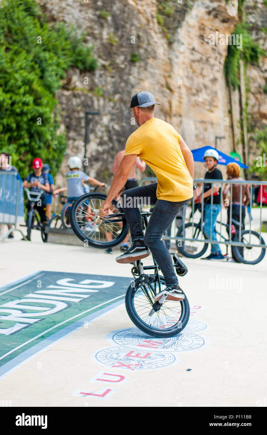 Bicycle acrobatics during RedBull 3in1 BMX competition, Luxembourg City ...