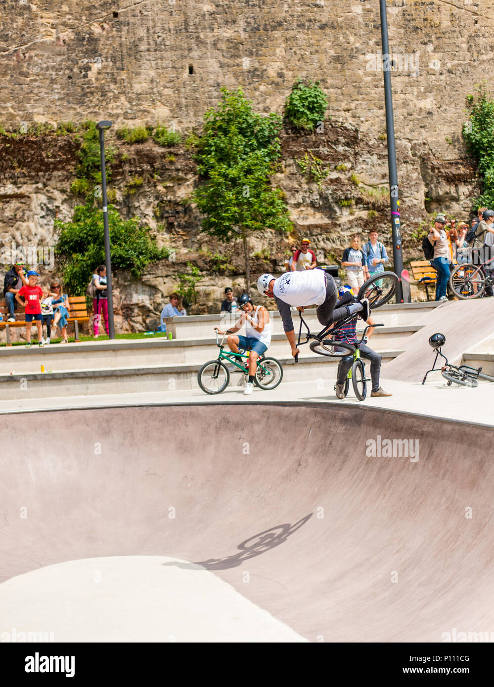 Bicycle acrobatics during RedBull 3in1 BMX competition, Luxembourg City ...