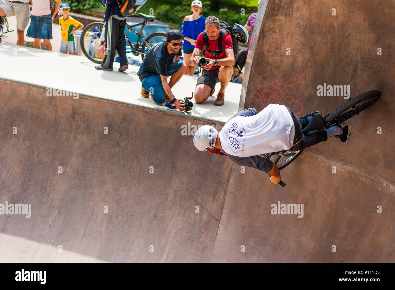Bicycle acrobatics during RedBull 3in1 BMX competition, Luxembourg City ...