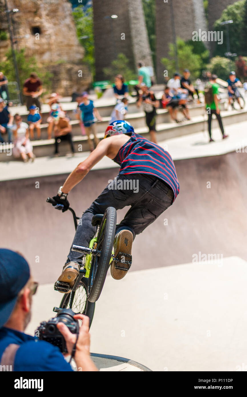 Bicycle acrobatics during RedBull 3in1 BMX competition, Luxembourg City ...
